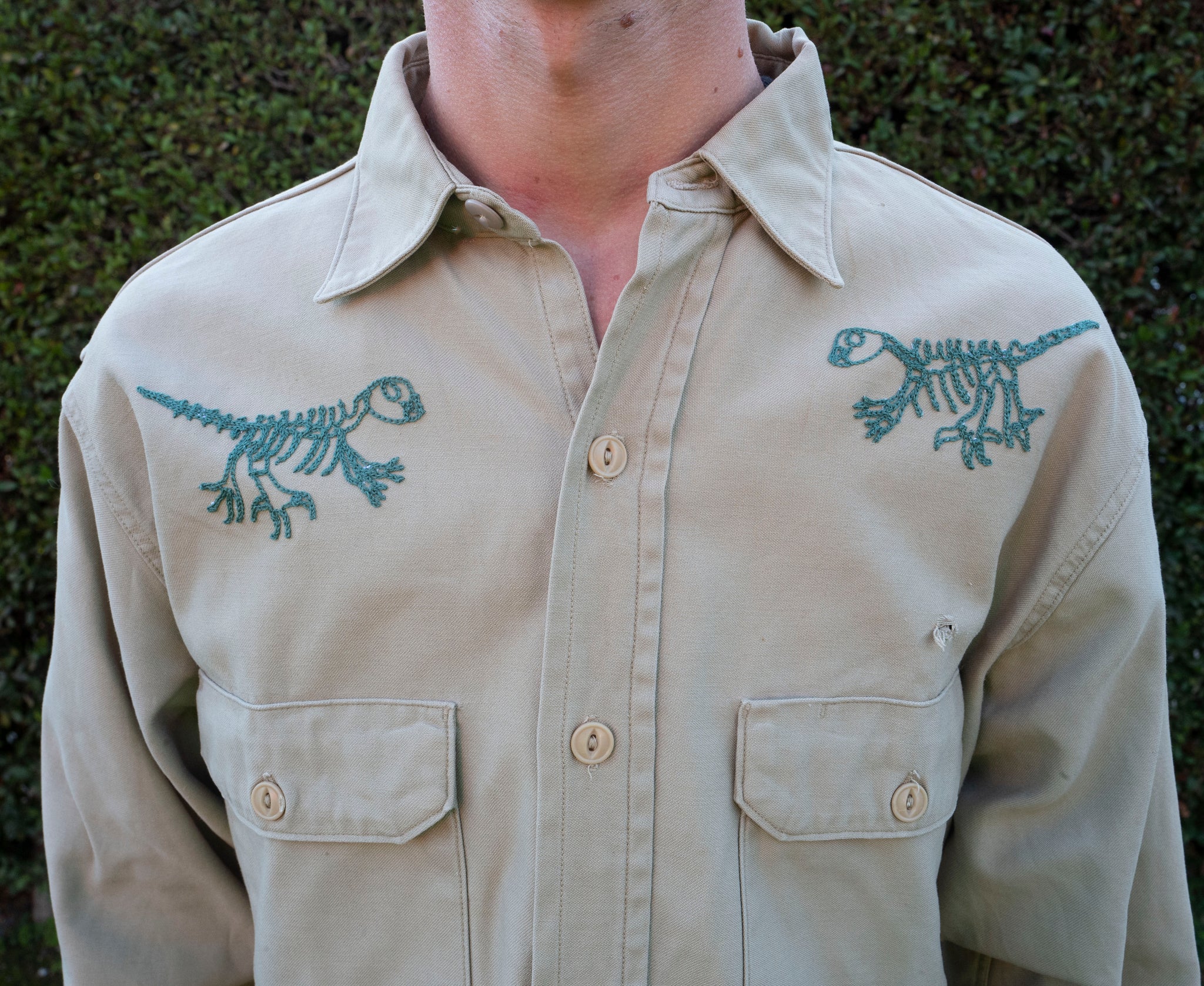 Long sleeve tan button up: two dino skeletons and now - pskaufmanfootwear